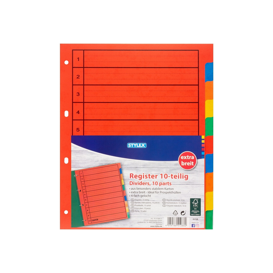 Stylex 41086 Ordner Register, 10-teilig, extra breit - farbiger Karto ...