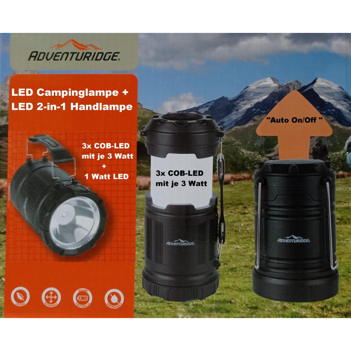 LED Campinglampe 3x COB 3 Watt + 2-in-1 Handlampe 3 Watt / 1 Watt, 7,99